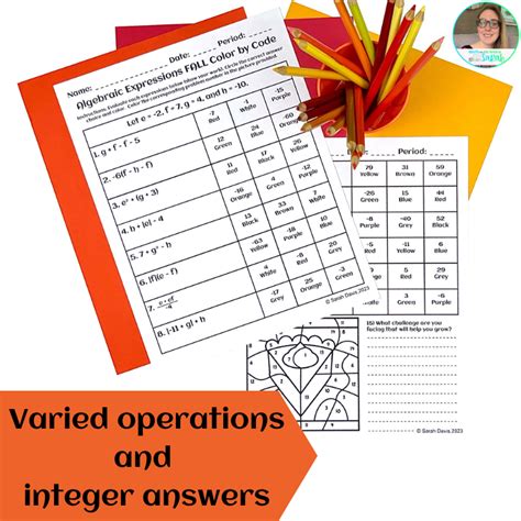 3 Evaluating Algebraic Expressions Fall Color By Number Printable Activities Math And Science