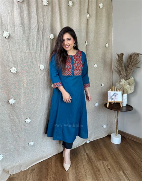 Bonica Premium Cotton A Line Kurti With Ajrakh Print Neckline