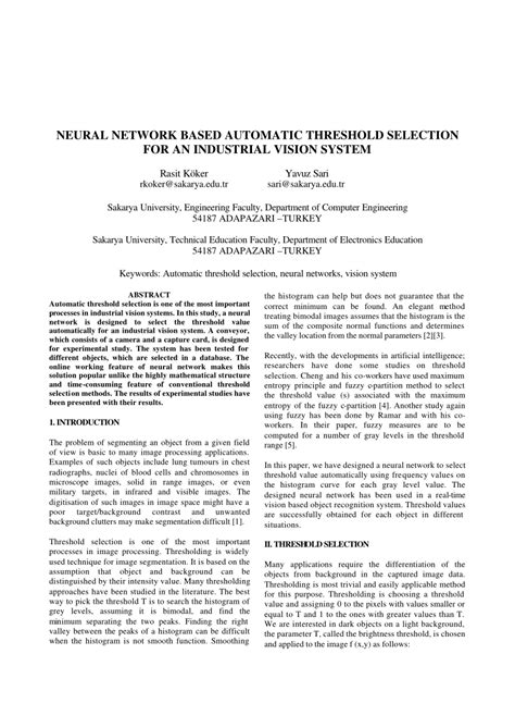 Pdf Neural Network Based Automatic Threshold Selection For An