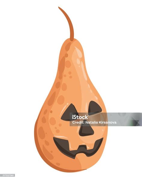 귀여운 할로윈 웃음 호박 미소와 함께 길쭉한 호박의 벡터 스티커 마법 또는 어두운 마법 요소 그림은 흰색 배경에 고립되어 있습니다 10월에 대한 스톡 벡터 아트 및 기타