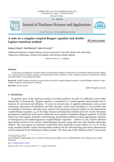 Pdf A Note On A Singular Coupled Burgers Equation And Double Laplace