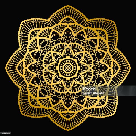 황금 만다라 디자인입니다 에스닉 라운드 장식 손으로 그린 인디언 모티브 메 헨 디 명상 요가 헤나 테마 독특한 황금 꽃 무늬 아랍문화에 대한 스톡 벡터 아트 및 기타 이미지
