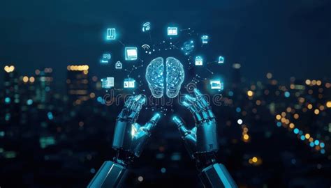 Futuristic Robot Hand Interacting With Digital Brain Interface Representing Artificial