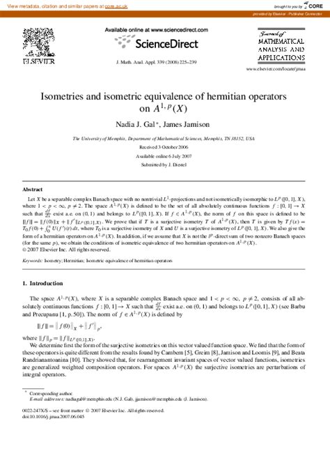Pdf Isometries And Isometric Equivalence Of Hermitian Operators On A1