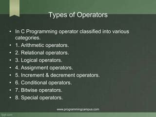 Operator in c programming | PPTX | Programming Languages | Computing