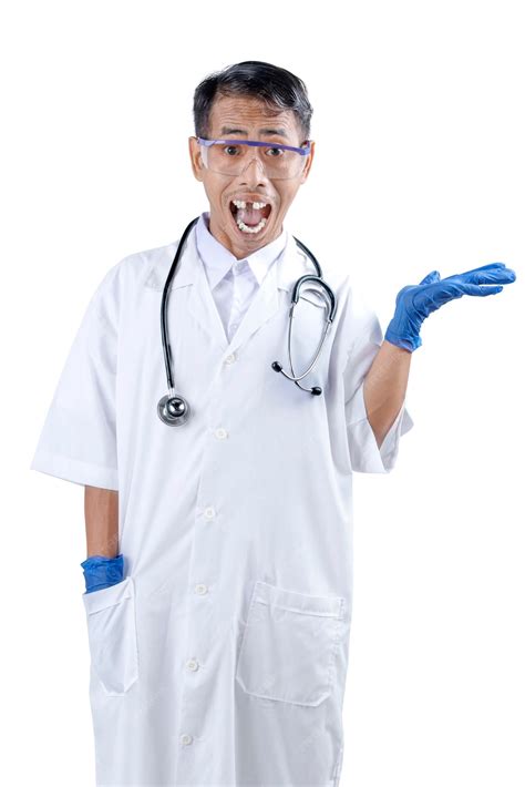 Premium Photo Asian Nerd Scientist With A Stethoscope Standing And Showing Something