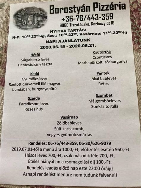 Menu At Borostyán Pizzéria Tiszakécske Restaurant Tiszakécske