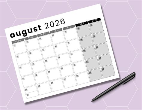 August 2026 Monthly Calendar Landscape Letter Instant Download