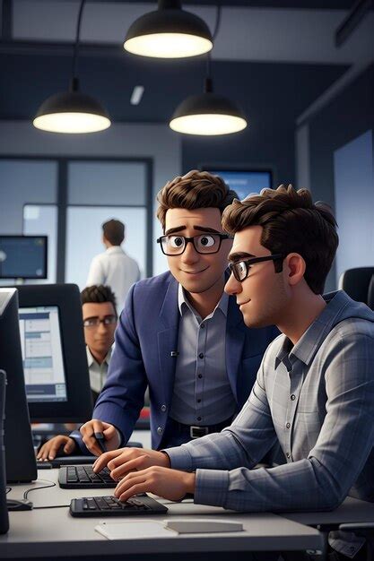 Young Programmer At Computer And Boss Chief Talking In Office Colleagues Discussing New Hardware