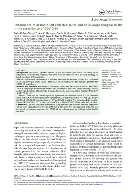 Pdf Performance Of At Home Self Collected Saliva And Nasal Oropharyngeal Swabs In The