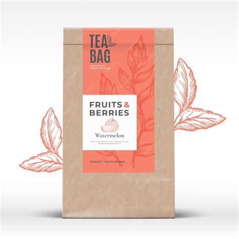 과일과 열매 차 레이블 공예 종이 가방 현실적인 그림자와 함께 추상적인 벡터 포장 디자인 레이아웃 현대 인쇄 술 손으로 그린
