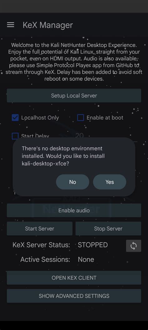 Kali Nethunter Kex Manager Start Server Not Working It Prompts To