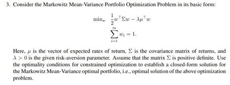 Solved 3 Consider The Markowitz Mean Variance Portfolio