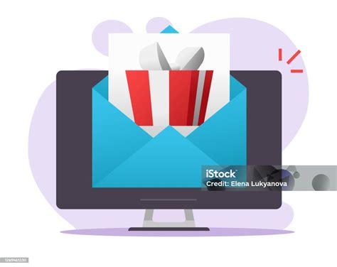 컴퓨터 Pc 벡터에 수신 된 이메일 온라인 선물 편지 메시지 봉투 평면 만화 일러스트 재미있는 파티 초대 아이콘 현대 디자인에 현재 서프라이즈 박스 승리전자 디지털 메일