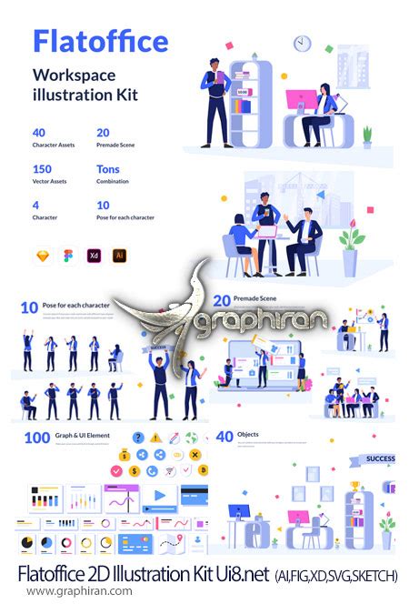 دانلود کیت طراحی ۲ بعدی کاراکتر کارمند و محیط اداره Flatoffice 2d Illustration Kit