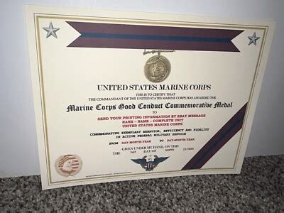 U S Marine Corps Good Conduct Commemorative Medal Certificate~w