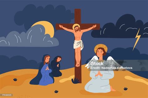 Christ Crucifixion Golgotha Top With Jesus Dying On Cross Praying Angel