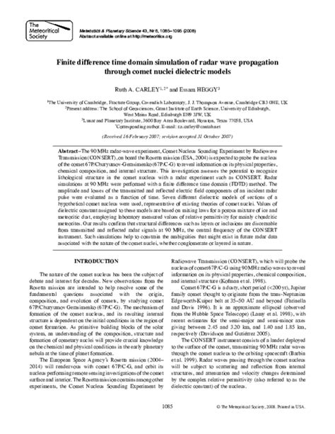 Pdf Finite Difference Time Domain Simulation Of Radar Wave Propagation Through Comet Nuclei