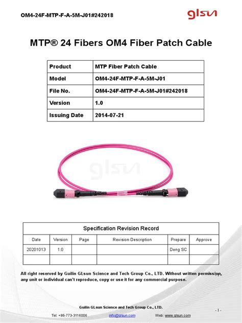 Om4 Mm 24 Fiber Mtp Female To Mtp Female 5m Fiber Optic Patch Cable Data Sheet 242018 Pdf