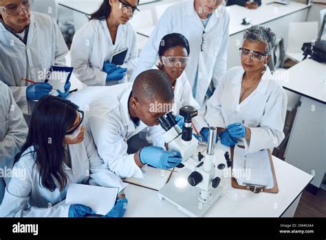 Science Students And Medical Laboratory With Microscope And Mentor For