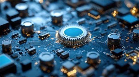 Close Up Of A Complex Circuit Board With Microchip And Glowing Connections Stock Illustration