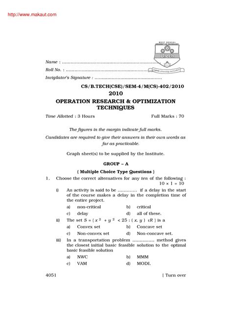 Btech Cse 4 Sem Operation Research And Optimization Techniques 2010