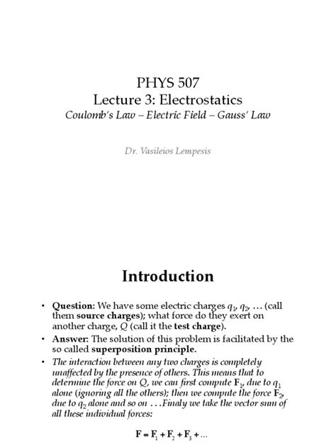 Phys507 Lect 3 Electric Field And Gauss Law Pdf Electric Field