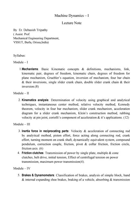 Lecture Teaching Notes Machine Dynamics I Lecture Note By Er Debasish Tripathy