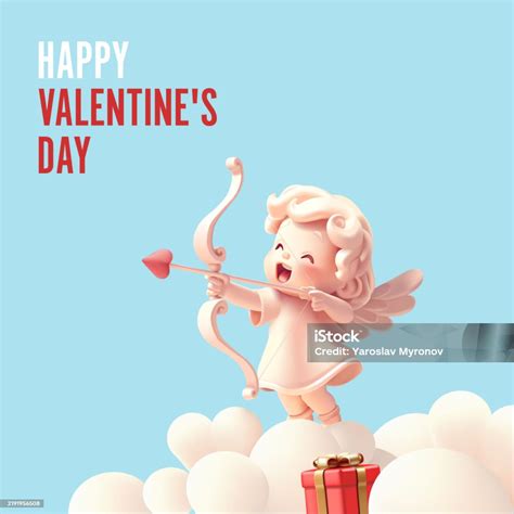 활을 쏘는 하늘에서 쾌활 한 미소 큐피드 캐릭터 선물 3d 발렌타인 데이 인사말 사랑 결혼식의 개념 벡터 3차원 형태에 대한 스톡 벡터 아트 및 기타 이미지 Istock
