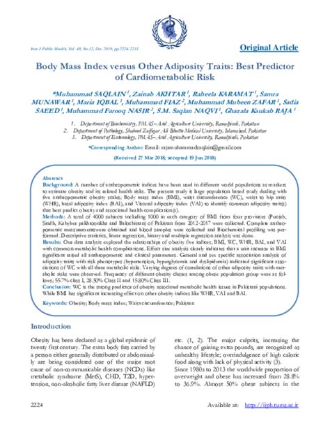 Pdf Body Mass Index Versus Other Adiposity Traits Best Predictor Of