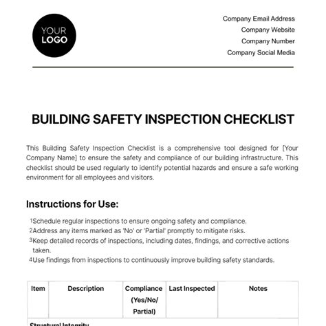 Free Building Safety Inspection Checklist Template To Edit Online
