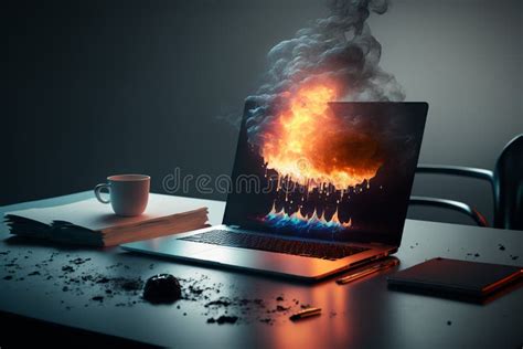 Burning Laptop On A Table With Smoke Generative AI Illustration Stock Image Image Of Display