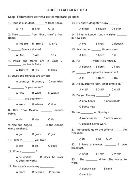 Adult Placement Test For Elementary Level Worksheet Artofit