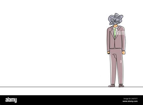 Continuous One Line Drawing Businessman With Round Scribbles Instead Of Head Frustrated Man