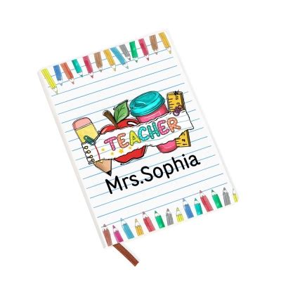 Custom Name Teachers Notebook Pencil Apple Ruler Design Pu Leather