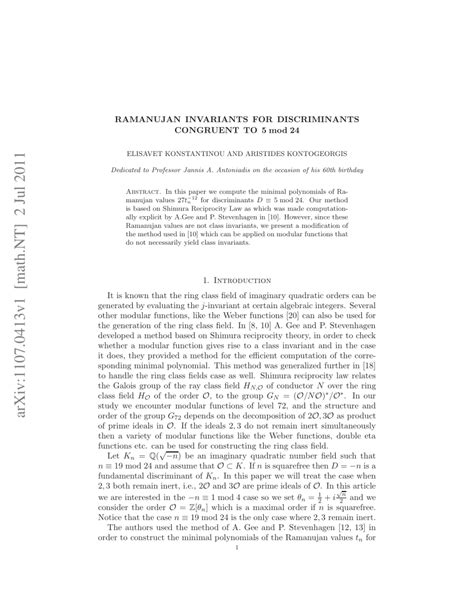 pdf ramanujan invariants for discriminants congruent to mathbf{5