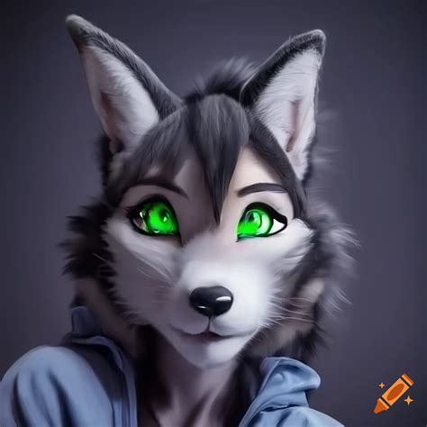 Image Of A Female Anthropomorphic Wolf Furry She Has Black Fur Green Eyes And Black Hair