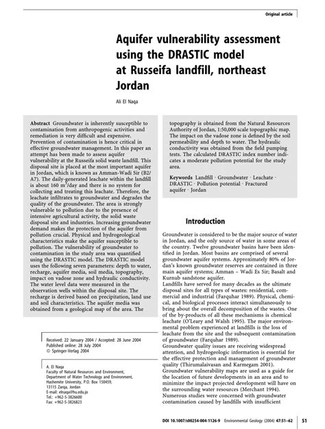 Pdf Aquifer Vulnerability Assessment Using The Drastic Model At
