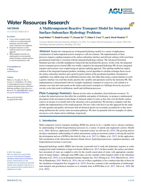 Pdf A Multicomponent Reactive Transport Model For Integrated Surface‐subsurface Hydrology Problems