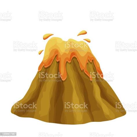 흰색 배경에 고립 된 만화 스타일의 마그마와 화산 분화 화산 활동 뜨거운 용암 분화구와 큰 산 벡터 일러스트레이션 화산에 대한 스톡 벡터 아트 및 기타 이미지 Istock