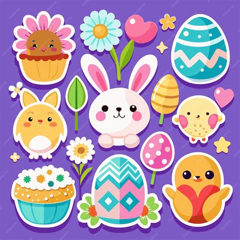 Premium Vector Cute Easter Stickers With Bunny Chicks Eggs And Cake