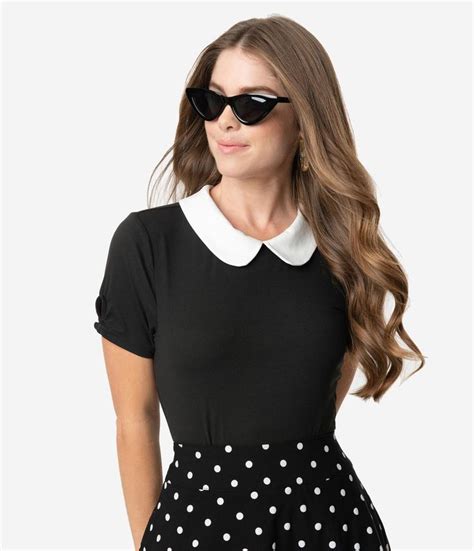 Unique Vintage 1950s Black And White High Collar Short Sleeve Robin
