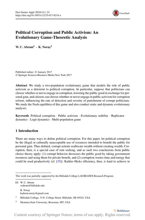 Political Corruption And Public Activism An Evolutionary Game Theoretic Analysis Request Pdf