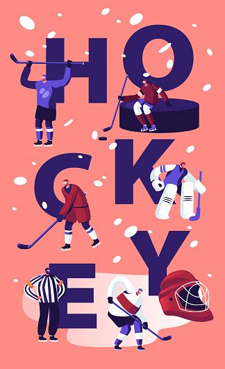 하키 대회 토너먼트 개념입니다 아이스 링크 게임에 연습 막대기와 스포츠 유니폼에 남자 장비 및 판사 포스터 배너 전단지 브로셔를 가진 플레이어 만화 플랫 벡터 일러스트