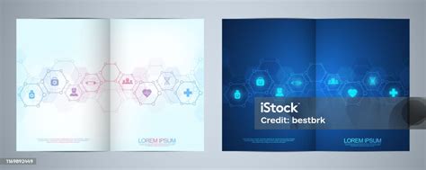 템플릿 브로셔 또는 표지 책 페이지 레이아웃 전단지 디자인 건강 관리 사업 혁신 의학 약국 기술에 대한 개념과 아이디어 평면 아이콘과 기호와 의료 배경 0명에 대한 스톡