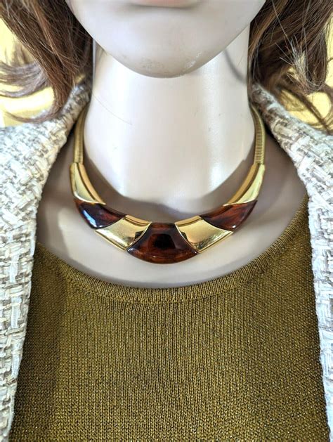 Vintage Napier 1980s Gold Tone Tortoise Lucite Choker Necklace