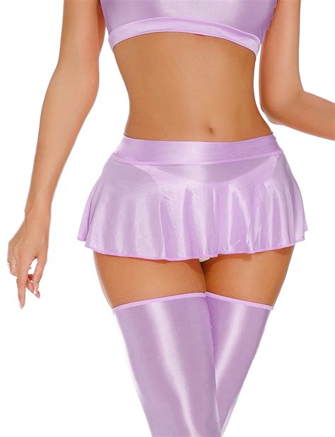 Womens Shiny Metallic Mini Skirts Sheer See Through Pleated Skirt
