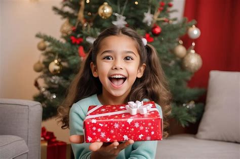 Excited Girl With Her Christmas Present Premium Ai Generated Image