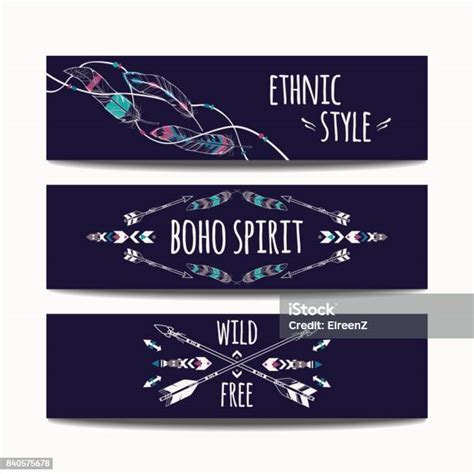 벡터는 화살표와 깃털 기하학적 장식 추상 민족 배너 설정합니다 Boho 디자인 브로셔 서식 파일이입니다 현대 화려한 부족 배경입니다 0명에 대한 스톡 벡터 아트 및 기타