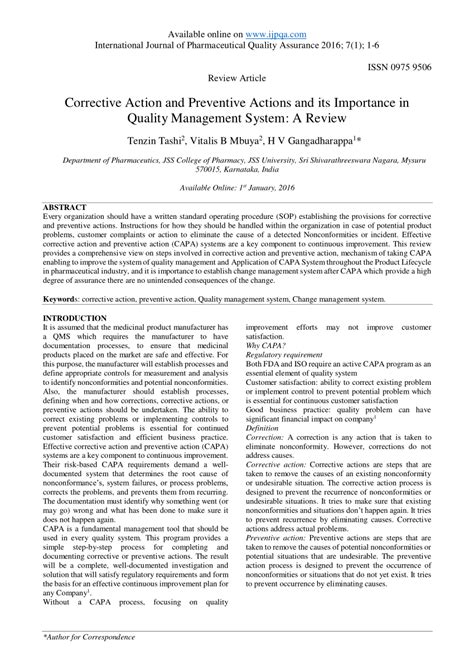 PDF Corrective Action And Preventive Actions And Its Importance In Quality Management System